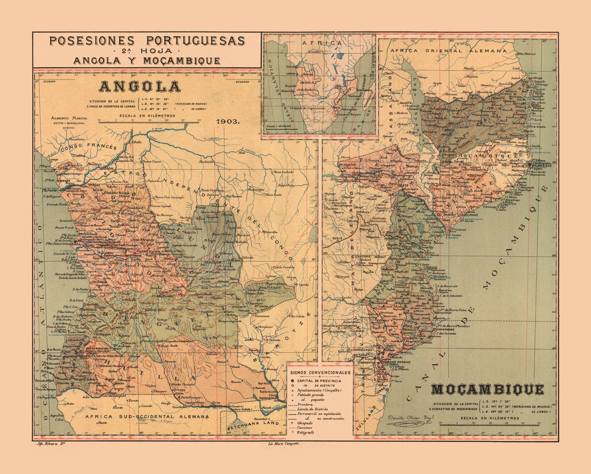 Historic Map - Mozambique Angola Portuguese Possessions 1903 - Martine ...