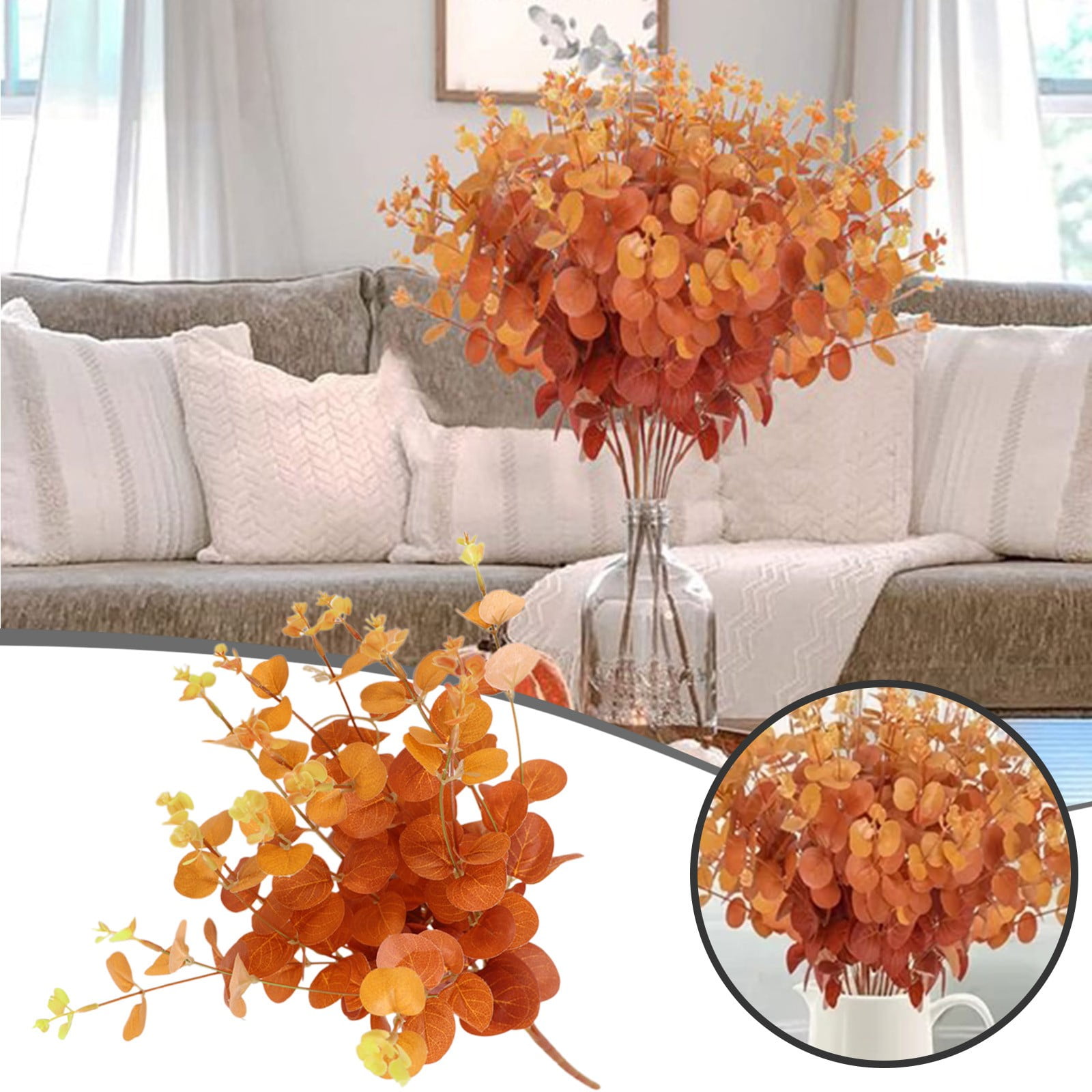 Mozhitti Fall Artificial Eucalyptus Leaves Stems Silk Flower Decor ...