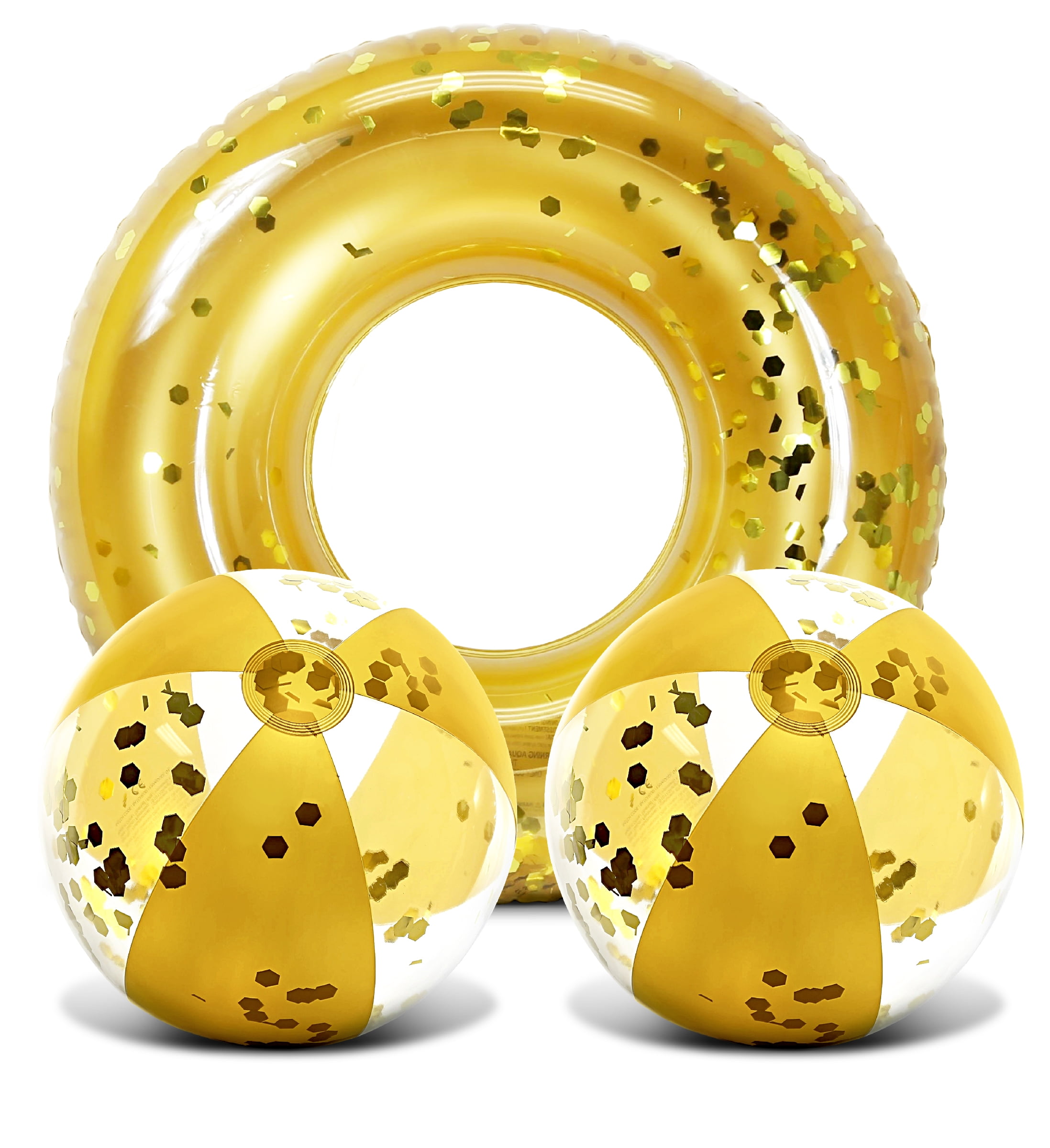 Mozlly Bundle of Gold Inflatable Pool Float Tube & Beach Balls Set of 3 ...