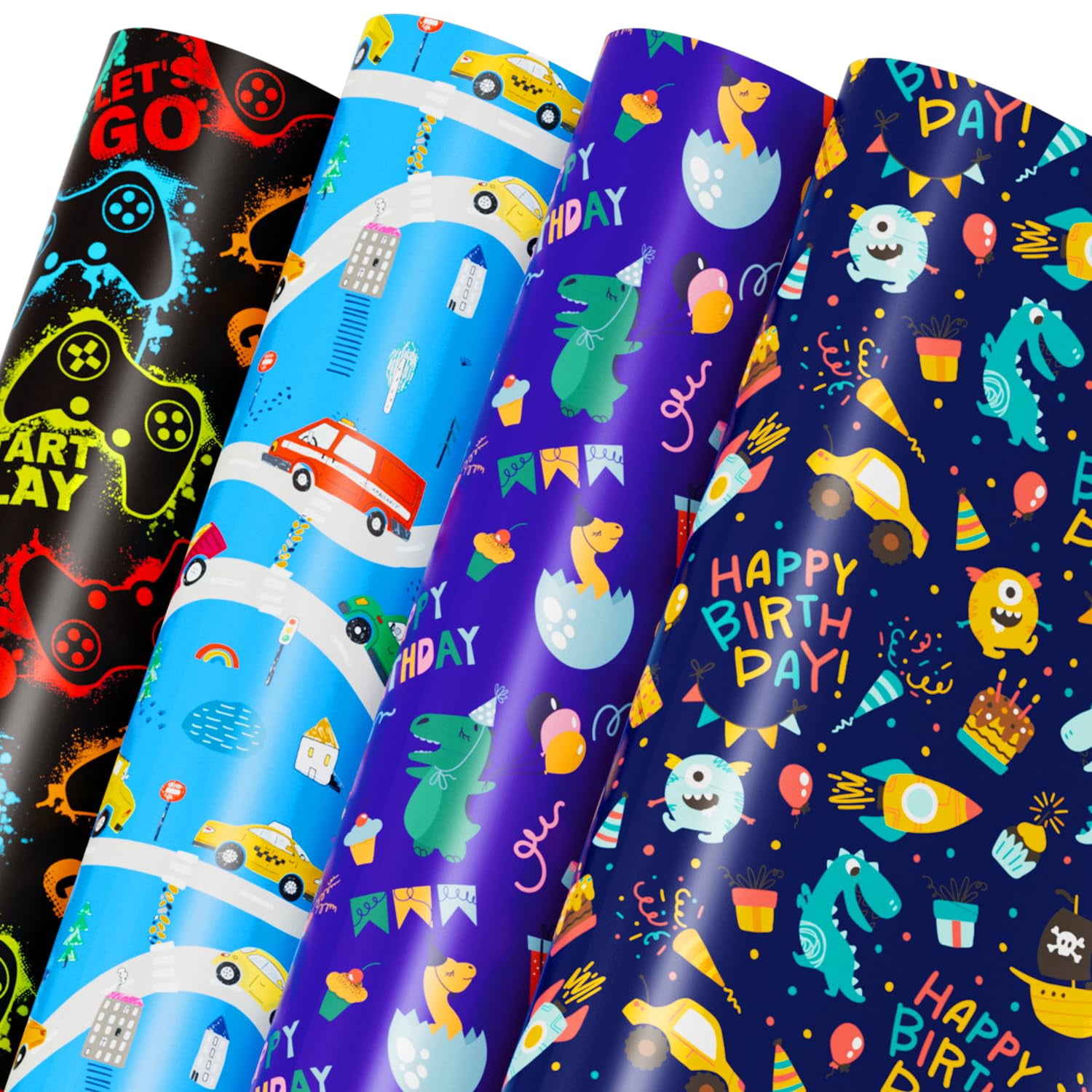 Mpanwen Birthday Wrapping Paper for Boys Kids, 12 Sheets Dinosaur Gamer ...