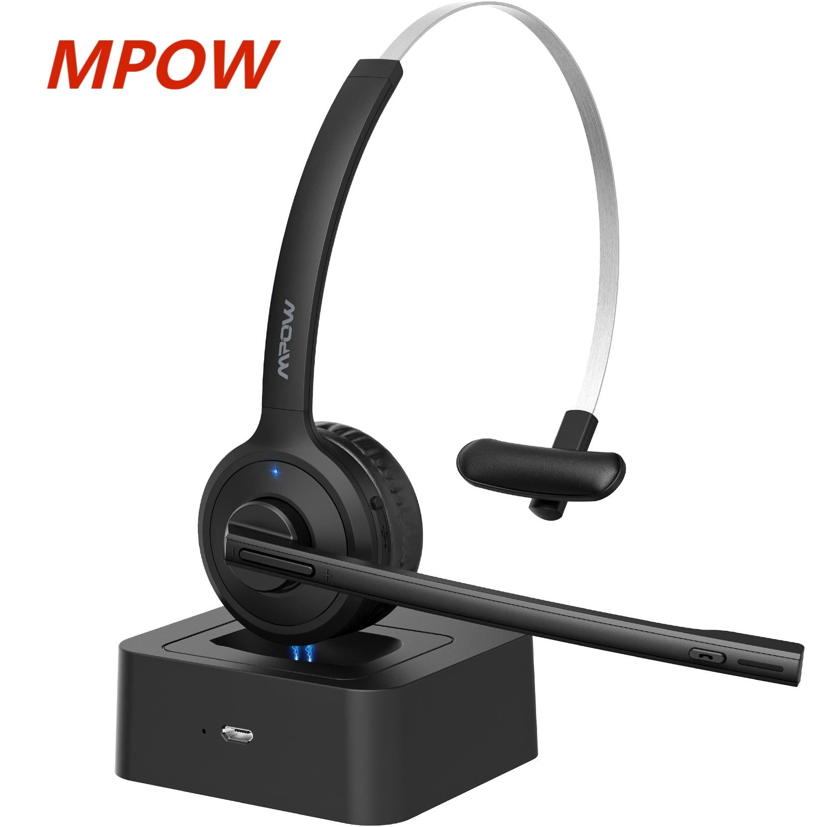 Mpow M5 V5.0 Bluetooth Headset, Wireless, Noise-Canceling Mic, Charging Base, Work Headphones ...