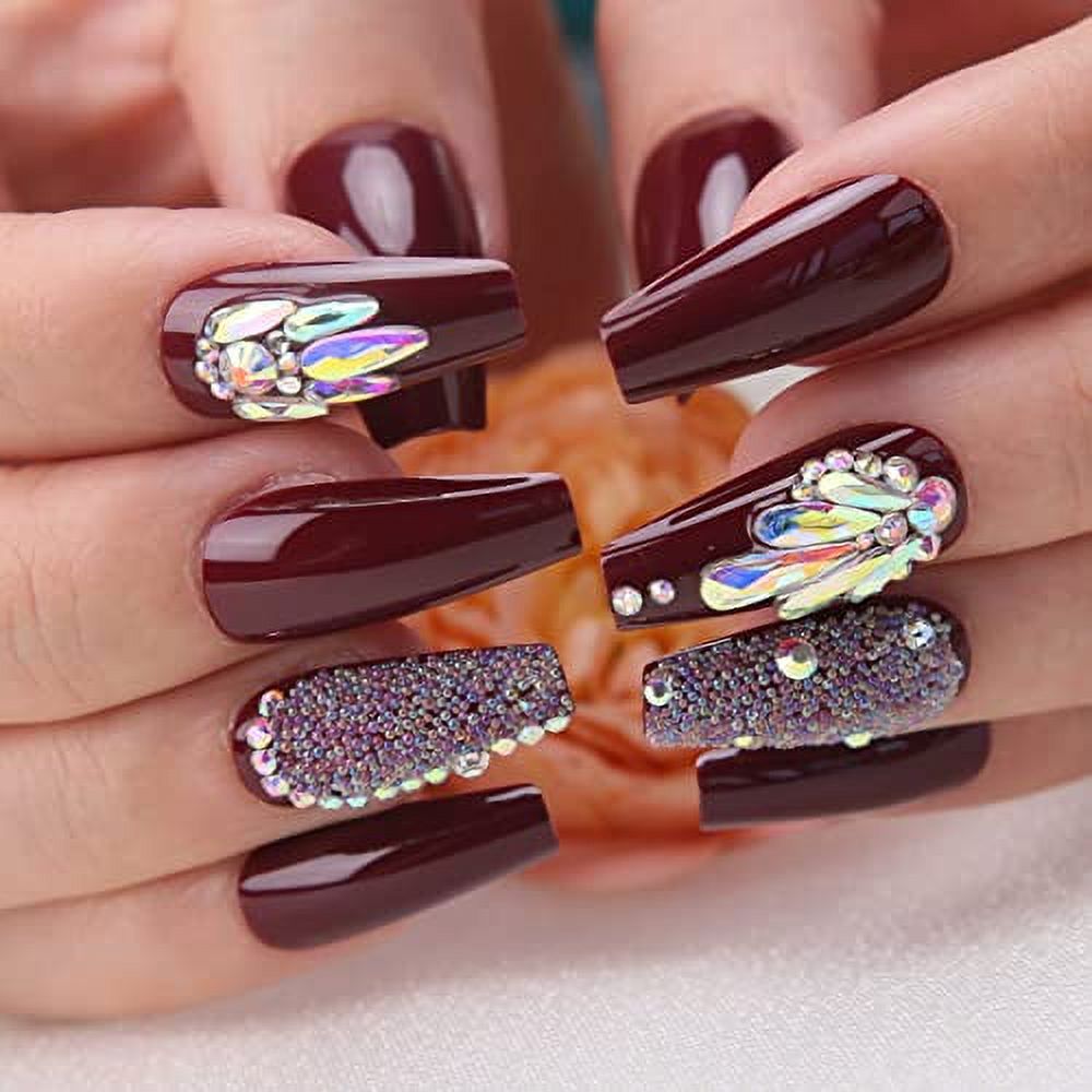MqpQ Luxury Red Press .. On Nails Rhinestones Long .. Coffin Colorful ...