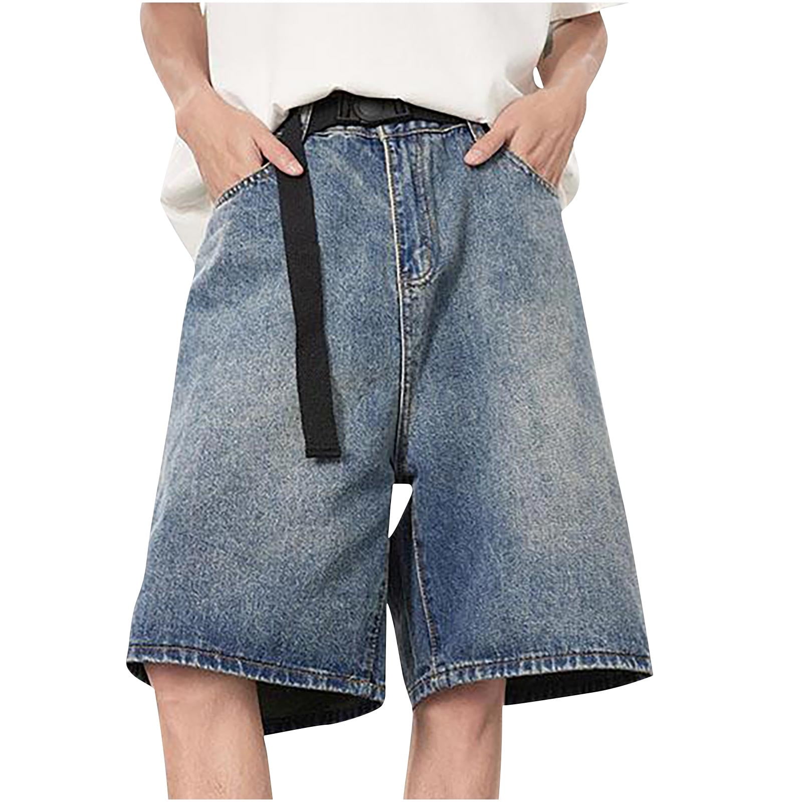 Aueoeo Mens Baggy Jean Shorts Loose Fits Long Denim Shorts Vintage Wide ...