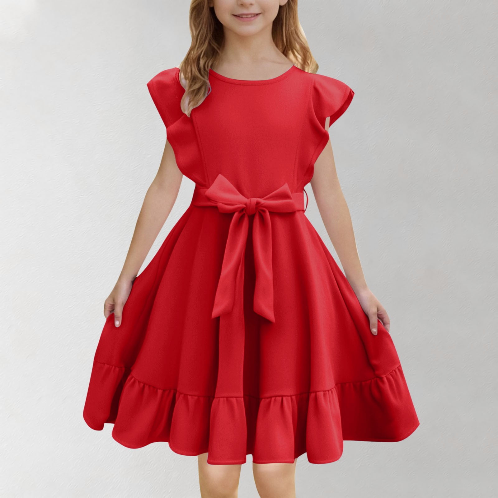 Mqqzkk Tween Girl Fashion Front Tie Lace Up Dress Ruffle A-line Dresses ...