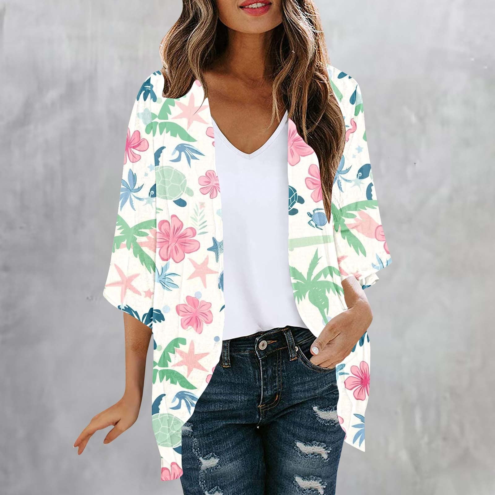 Mqqzkk Women's Casual Floral Printed Jacket Coat Lightweight 3/4 Sleeve ...