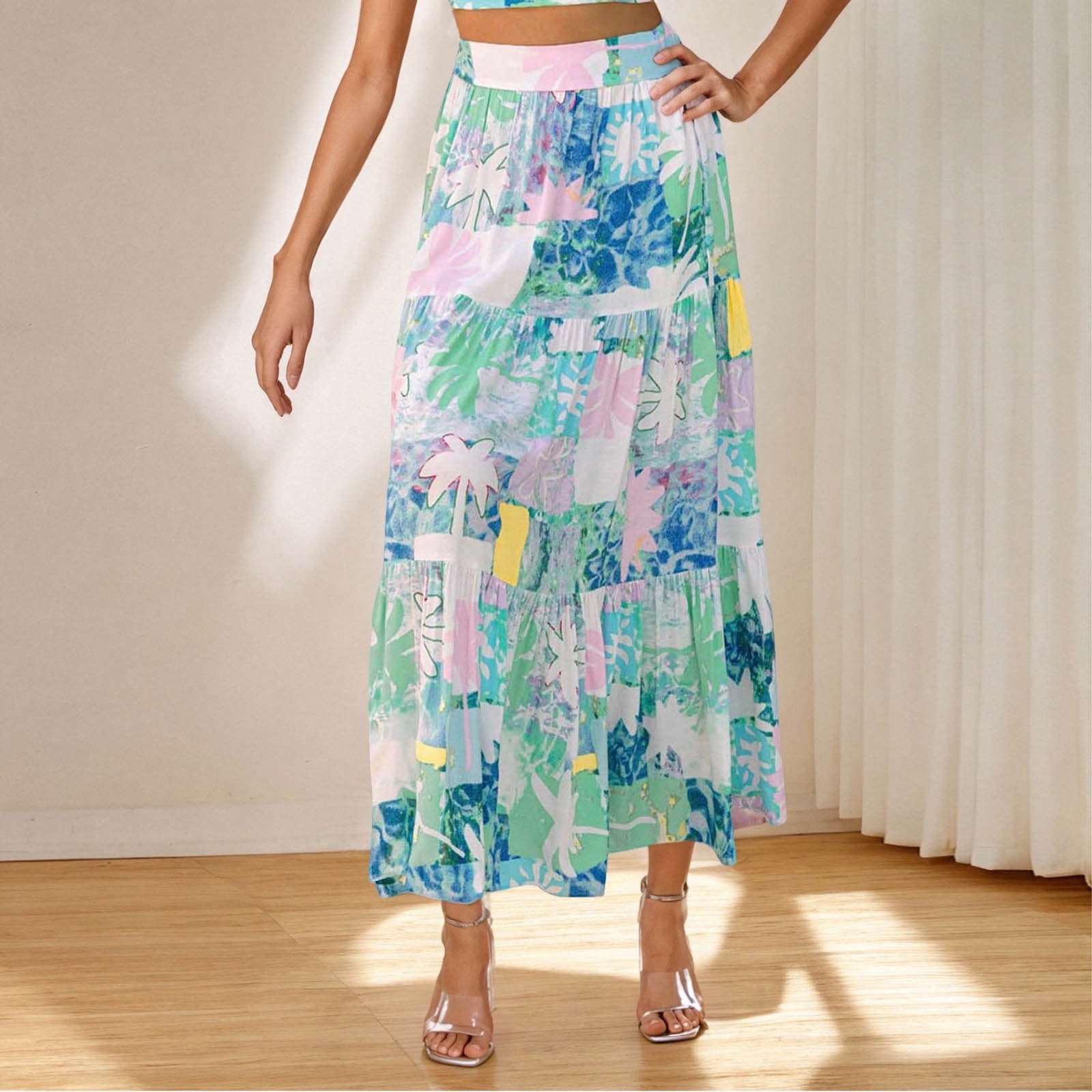 Mqqzkk Womens Trendy Skirts Boho Floral Maxi Skirt 2025 Summer Elastic ...