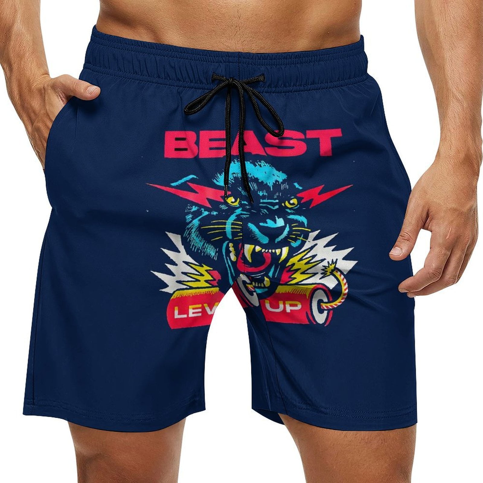 Mr Beast Level Up Logo Mens Swim Trunks with Compression Liner Quick Dry Swimsuit with Zipper ...