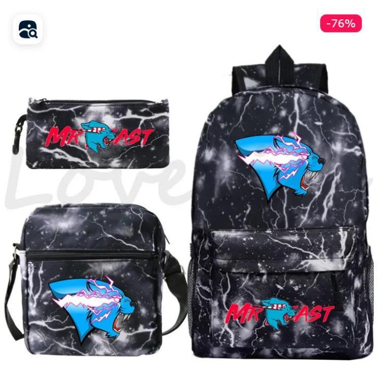 Mr Beast Lightning Cat Backpack Set 3PCS Fashion Cartoon Multi-Function ...