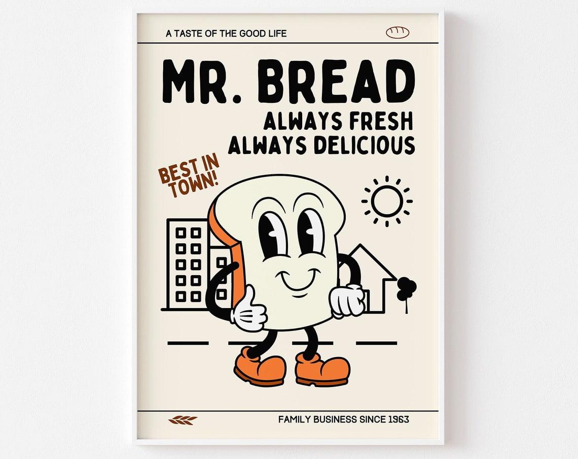 Mr Bread Retro Characters Print - Fun Kitchen Print, Retro Mascot ...