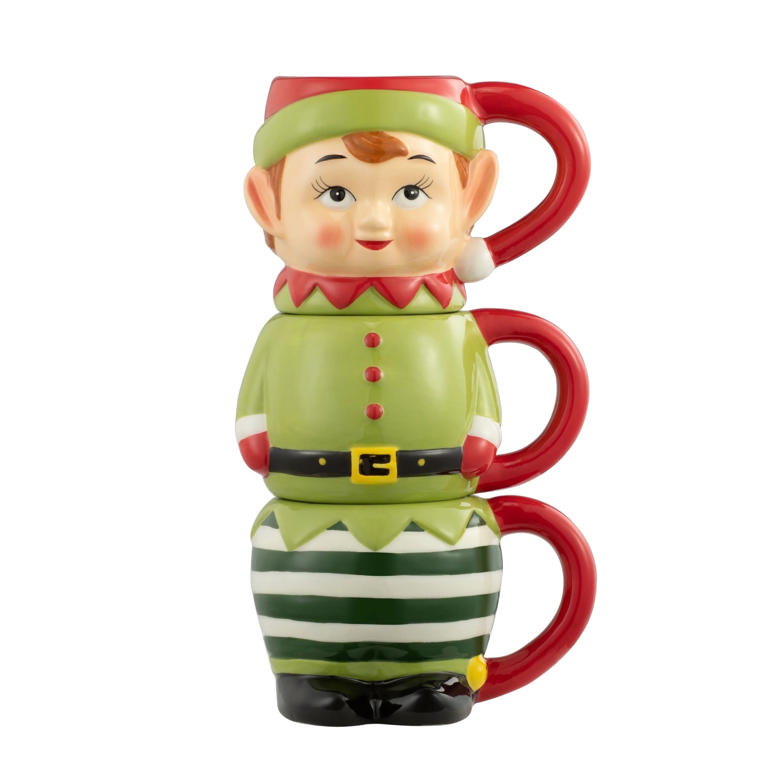 Mr. Christmas 12oz Set of 3 Ceramic Stacking Elf Mugs - Cute Xmas ...