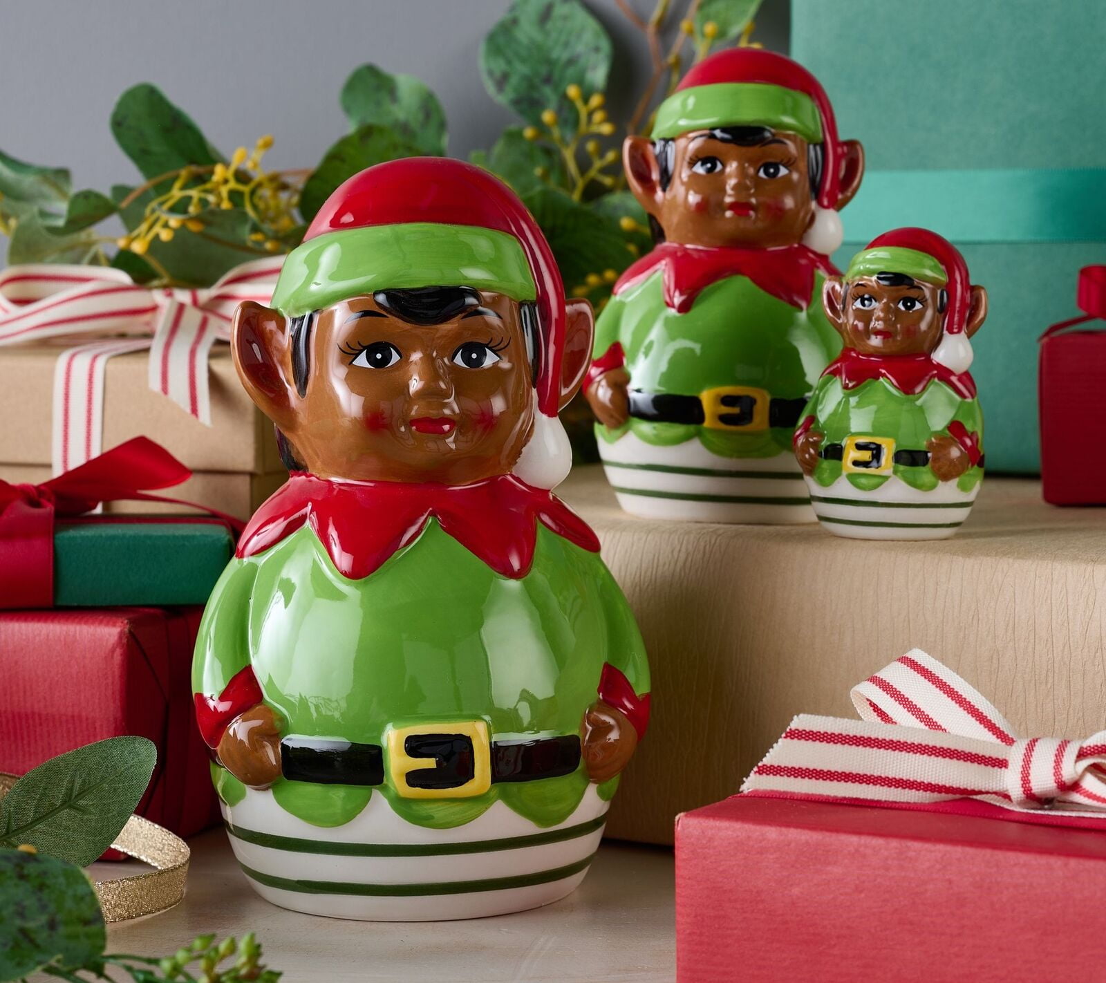 Mr. Christmas Set of 3 Roly Poly Ceramic Figures in Black Elves ...