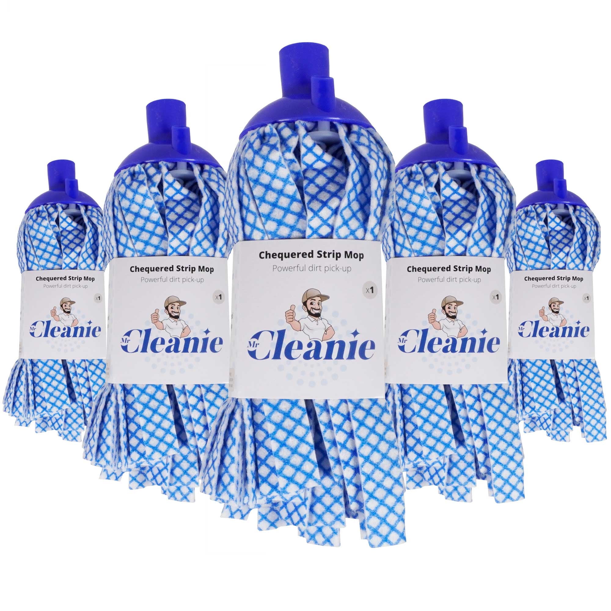 Mr Cleanie 5-Pack.Chequered Strip Mop - White and Blue Replacement Head ...