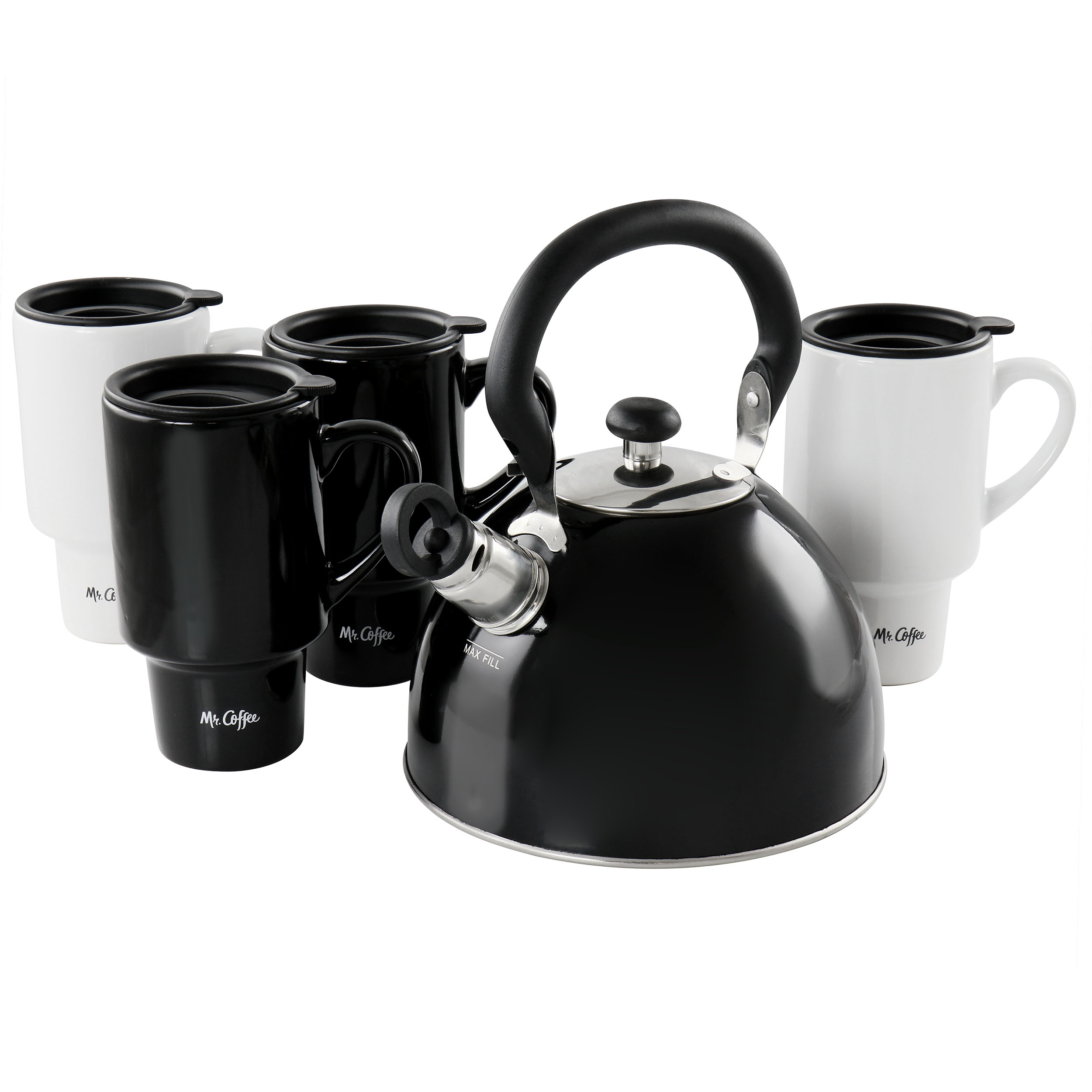 Mr. Coffee 9pc Whistling Tea Kettle and Travel Mug Set, Black and White ...