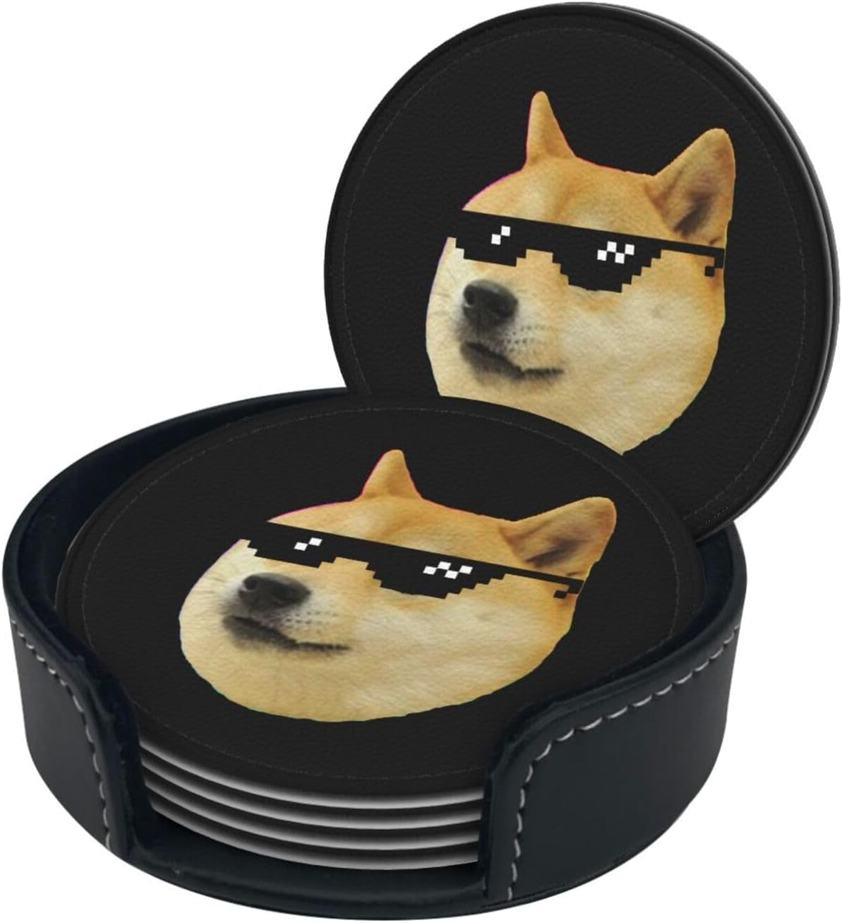 Mr Doge Meme Dog Premium Leather Coasters - Set of 6 with Holder ...