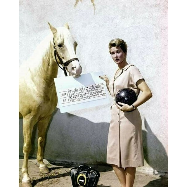 Mr Ed TV series Connie Hines with bowling ball & score card poses with ...