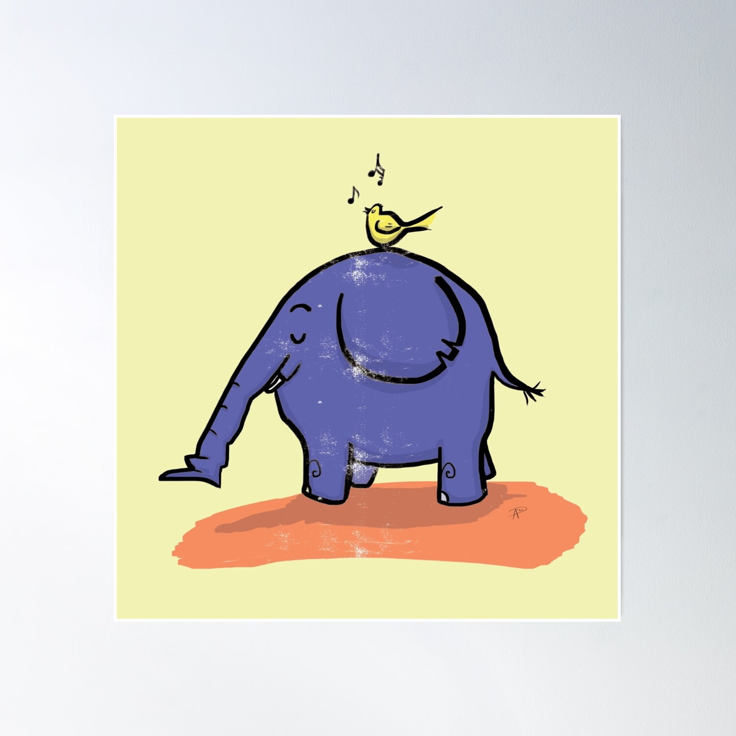 Mr Happy Elephant And Singing Little Bird Poster Wall Art, Modern Wall ...