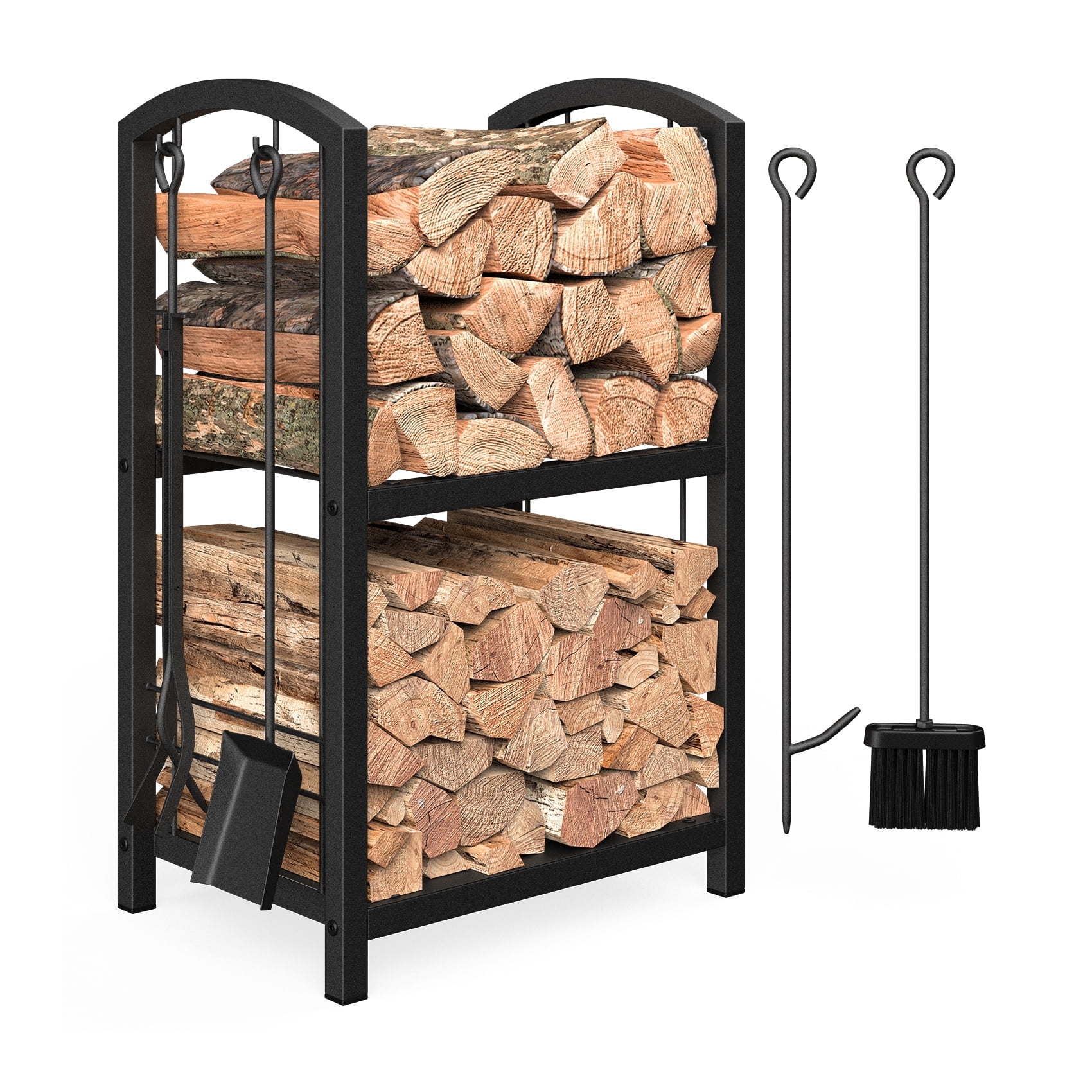 JOZ Firewood Rack with Wrought Iron Tool Set, Fireplace Log Holder with ...