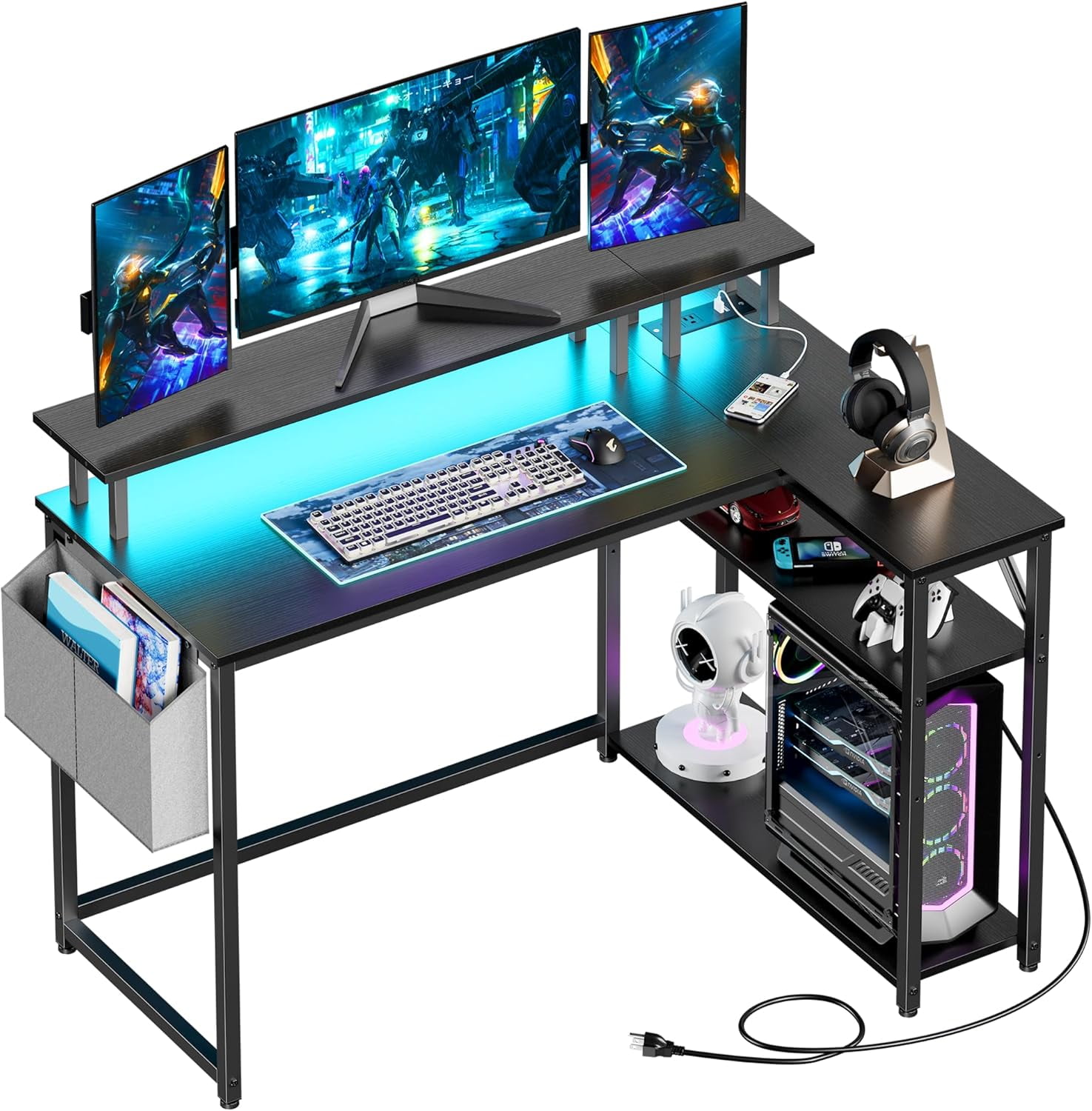 Mr IRONSTONE L Shaped Desk with Power Outlets & LED Lights, Computer ...