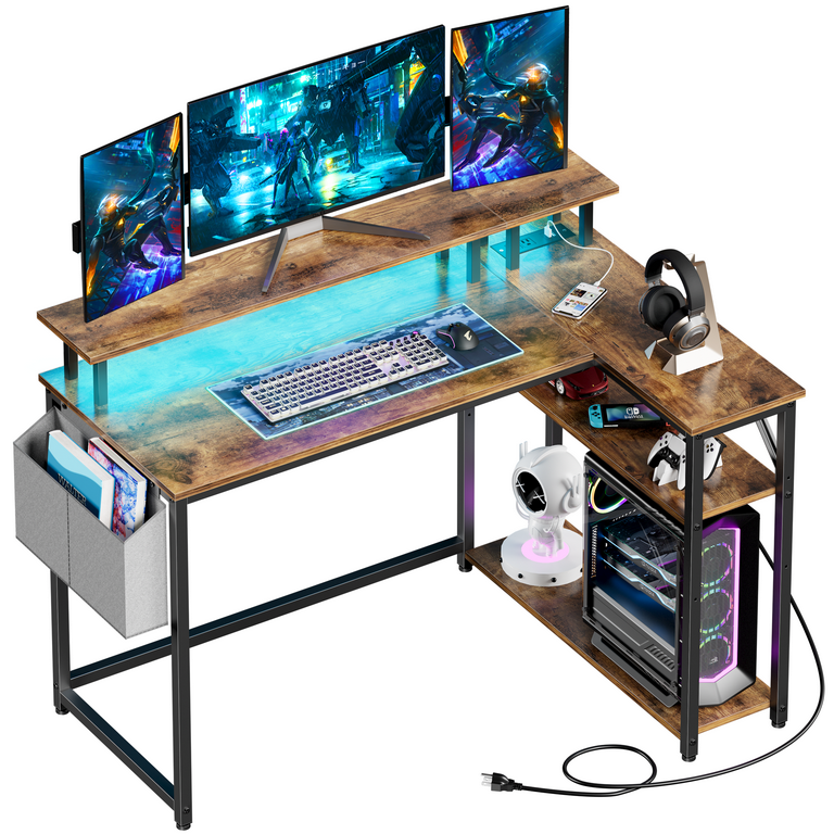 Free Shipping JOZ L Shaped Desk with Power Outlets Monitor Stand 47 inch Rustic Brown Walmart