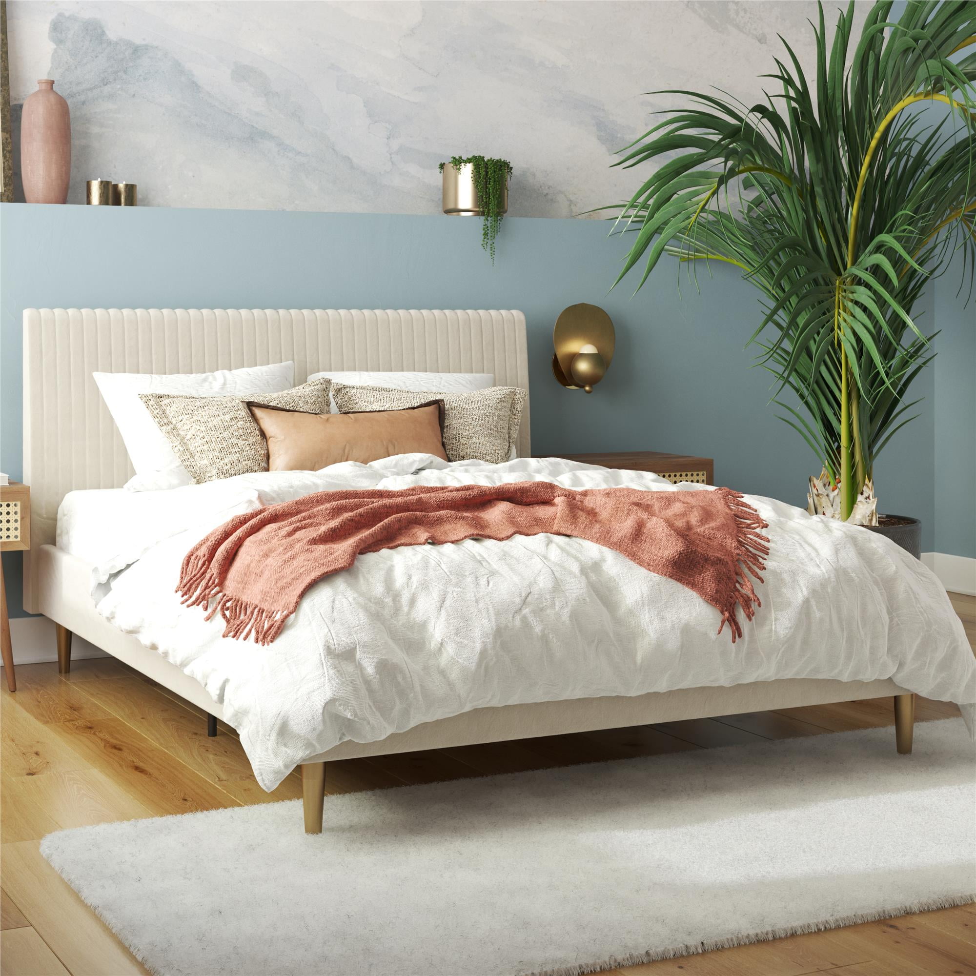 Mr. Kate Queen Size Daphne Upholstered Bed with Headboard and Modern Platform Frame Ivory Velvet Walmart