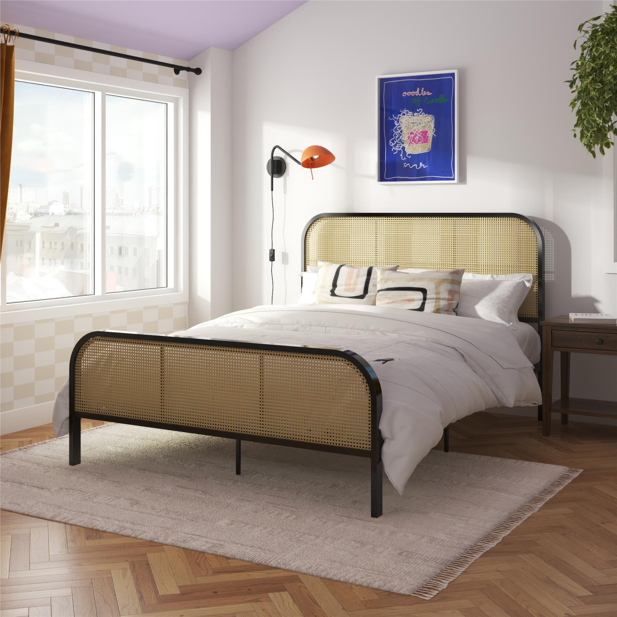 Mr. Kate Roxanne Metal Platform Bed Frame with Cane Headboard, Queen ...