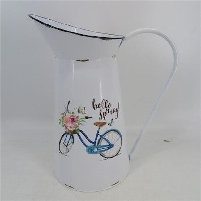 Mr. MJs Trading Hello Spring White with Blue Bicycle Metal Pitcher ...
