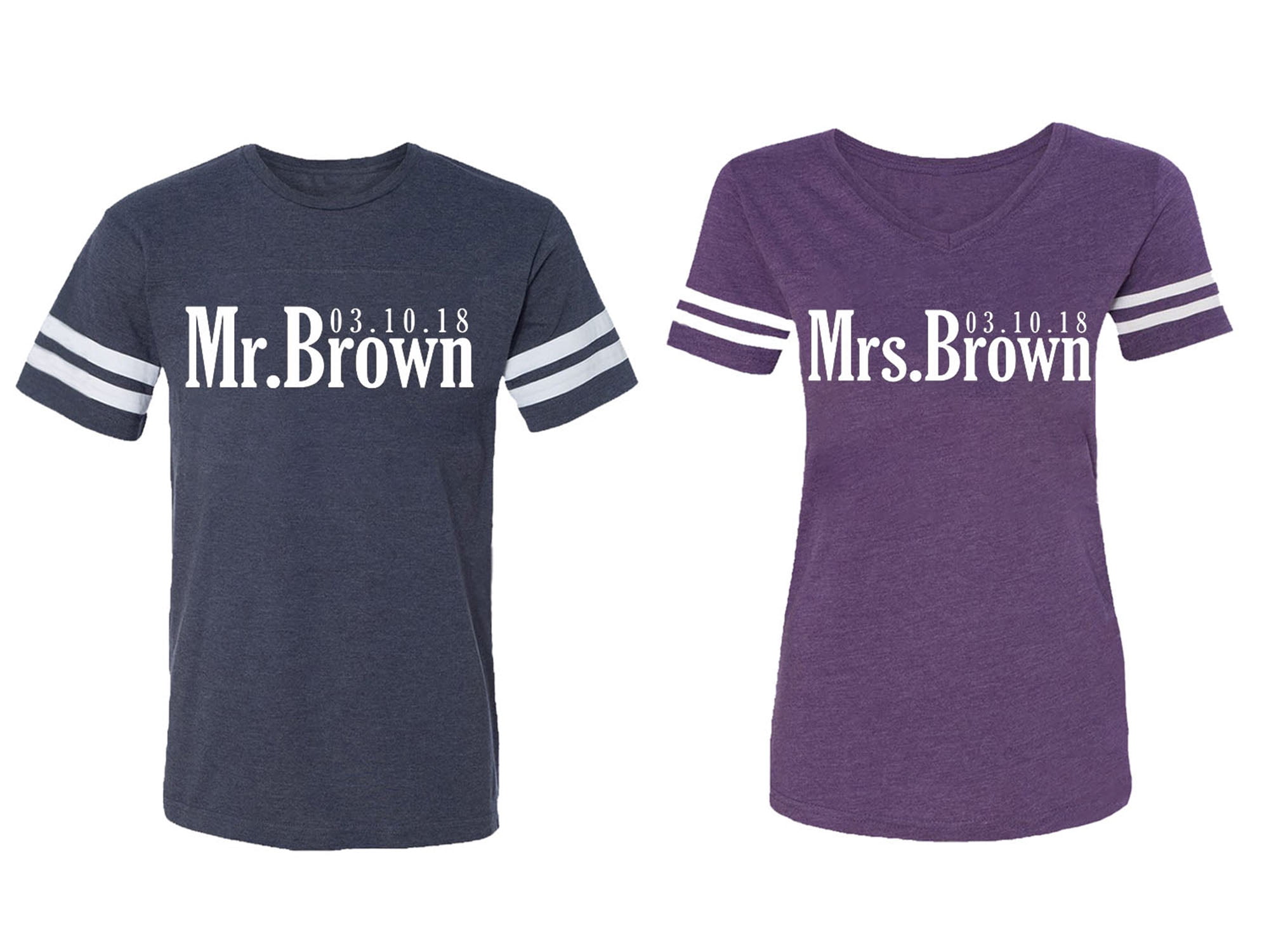 Mr. Mrs. Brown Matching Couple Cotton Jerseys (Men Navy / Women Purple ...