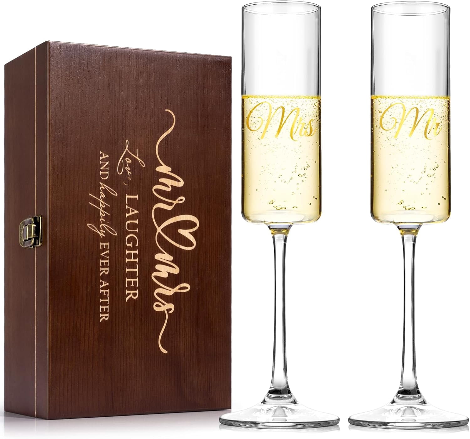 Mr and Mrs Champagne Flutes Set of 2, Crystal Bride and Groom Champagne ...