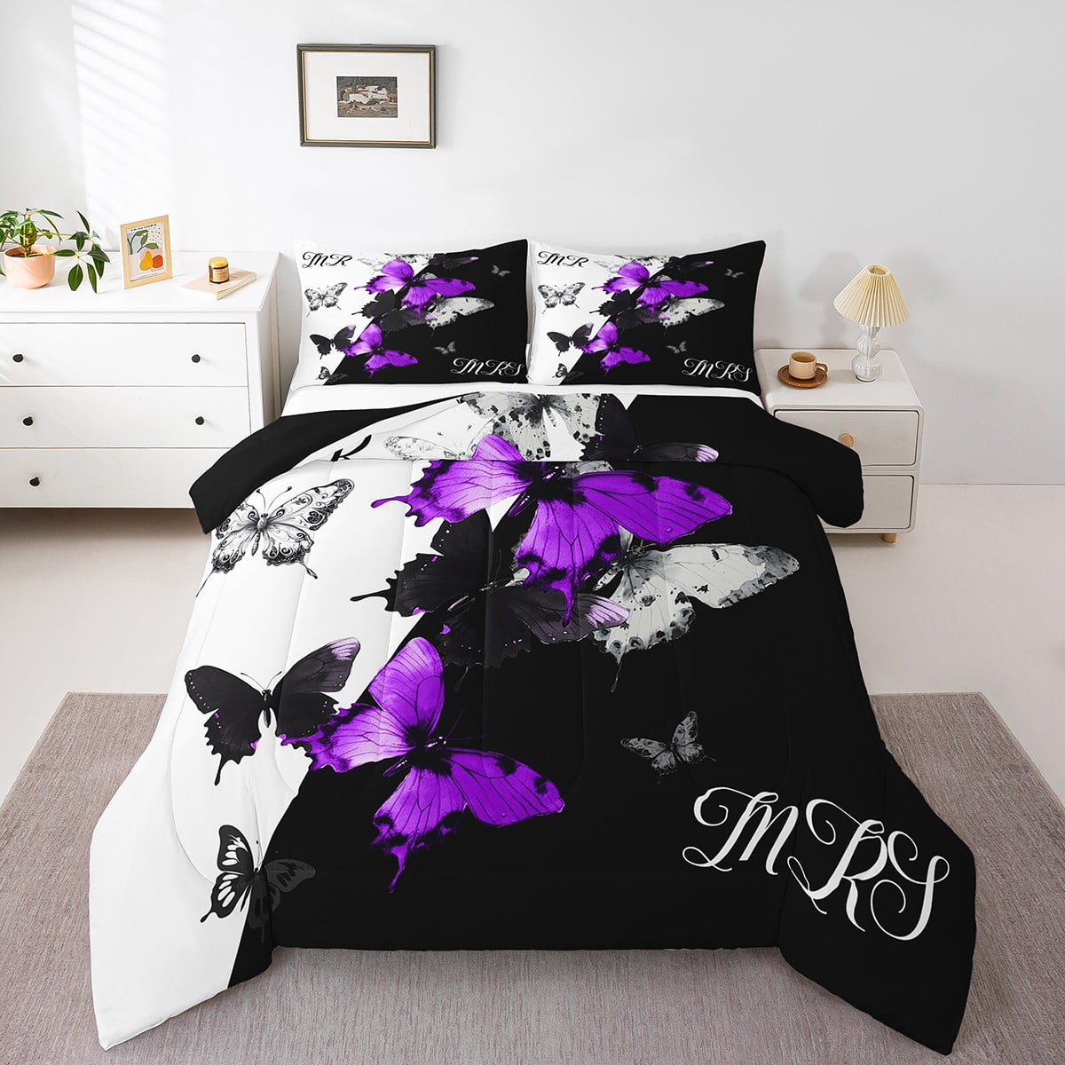 Mr Mrs Comforter Set Purple Black Butterfly Bedding Set Valentine'S Day ...