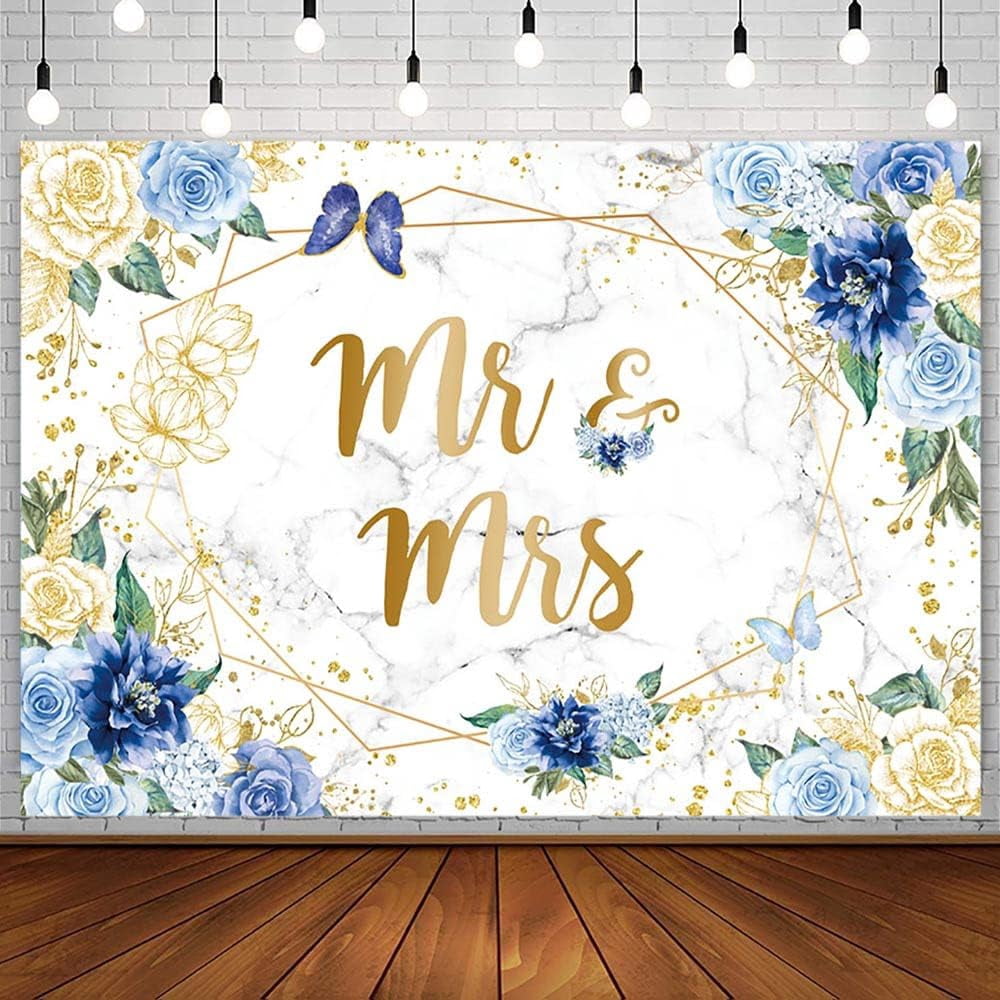 Mr and Mrs Floral Marble Backdrop for Bridal Shower Blue Flowers ...