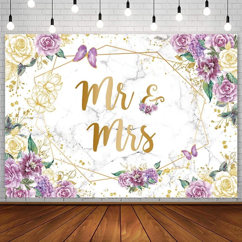 Mr and Mrs Floral Marble Backdrop for Bridal Shower Purple Flowers ...