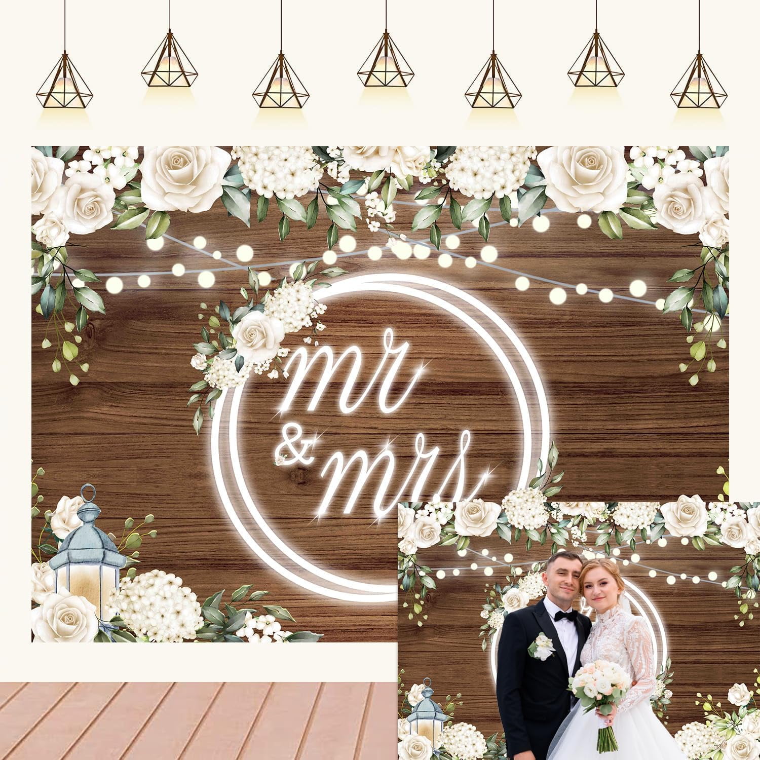 Mr and Mrs Romantic Backdrop White Rose Floral Wooden Wall Glitter ...