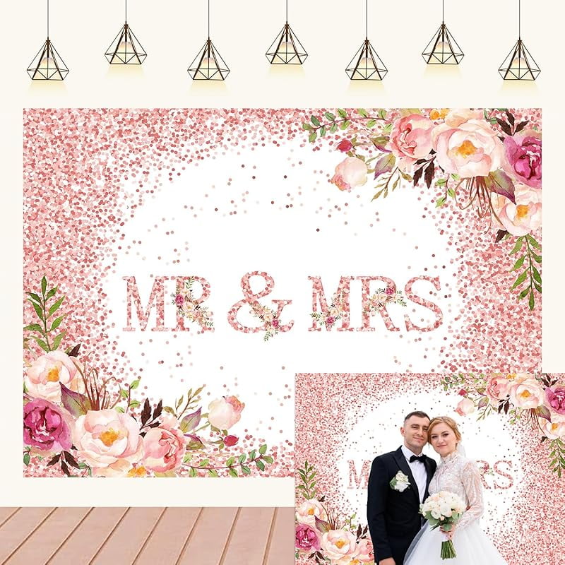 Mr and Mrs Romantic Backdrop White Rose Floral Wooden Wall Glitter ...