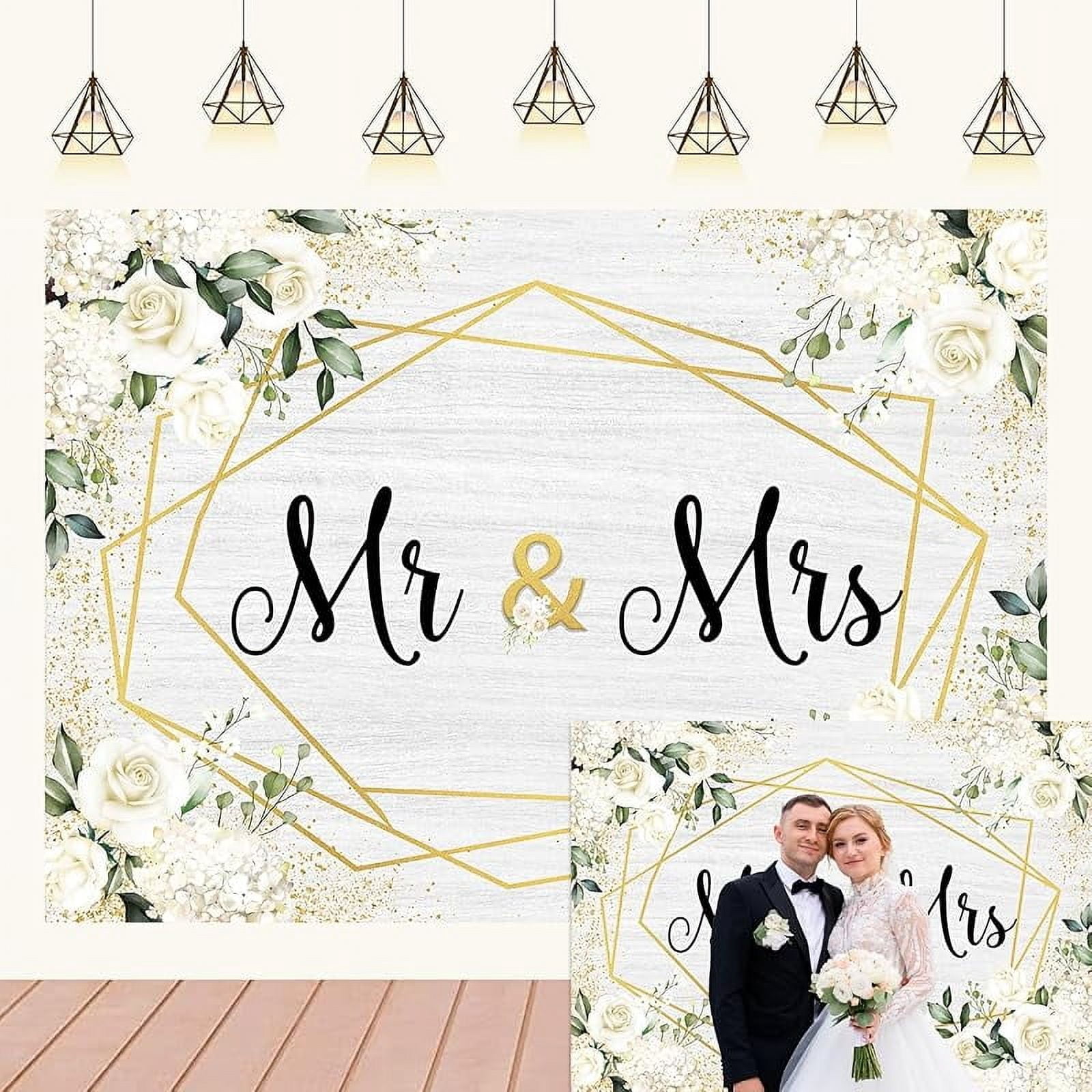 Mr and Mrs Romantic Backdrop White Rose Floral Wooden Wall Glitter ...