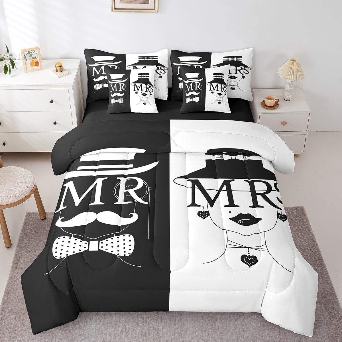 Mr and Mrs Sign Bed in a Bag King Size Comforter Set 7 Pieces,Modern ...