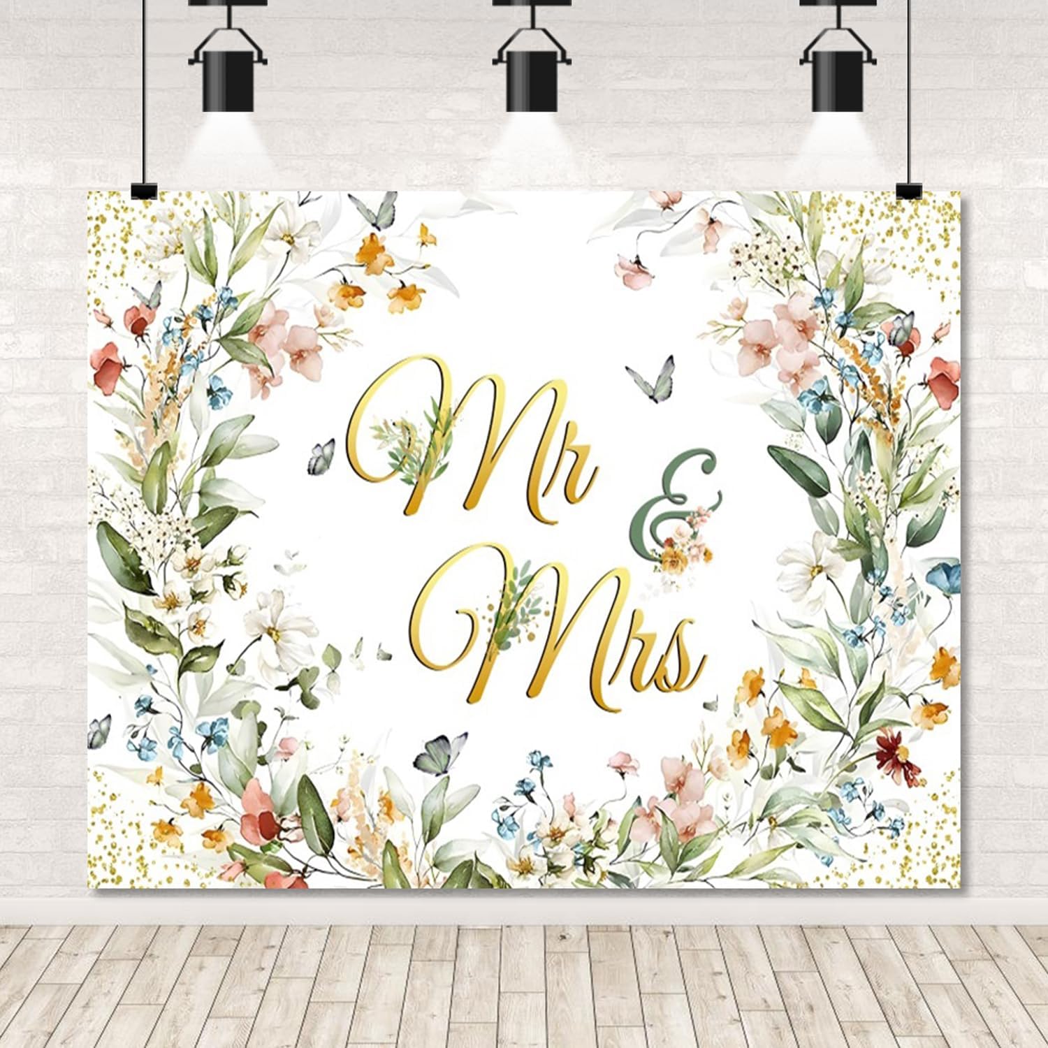 Mr and Mrs Wedding Backdrop Green Sage Colorful Garland Butterfly Gold ...