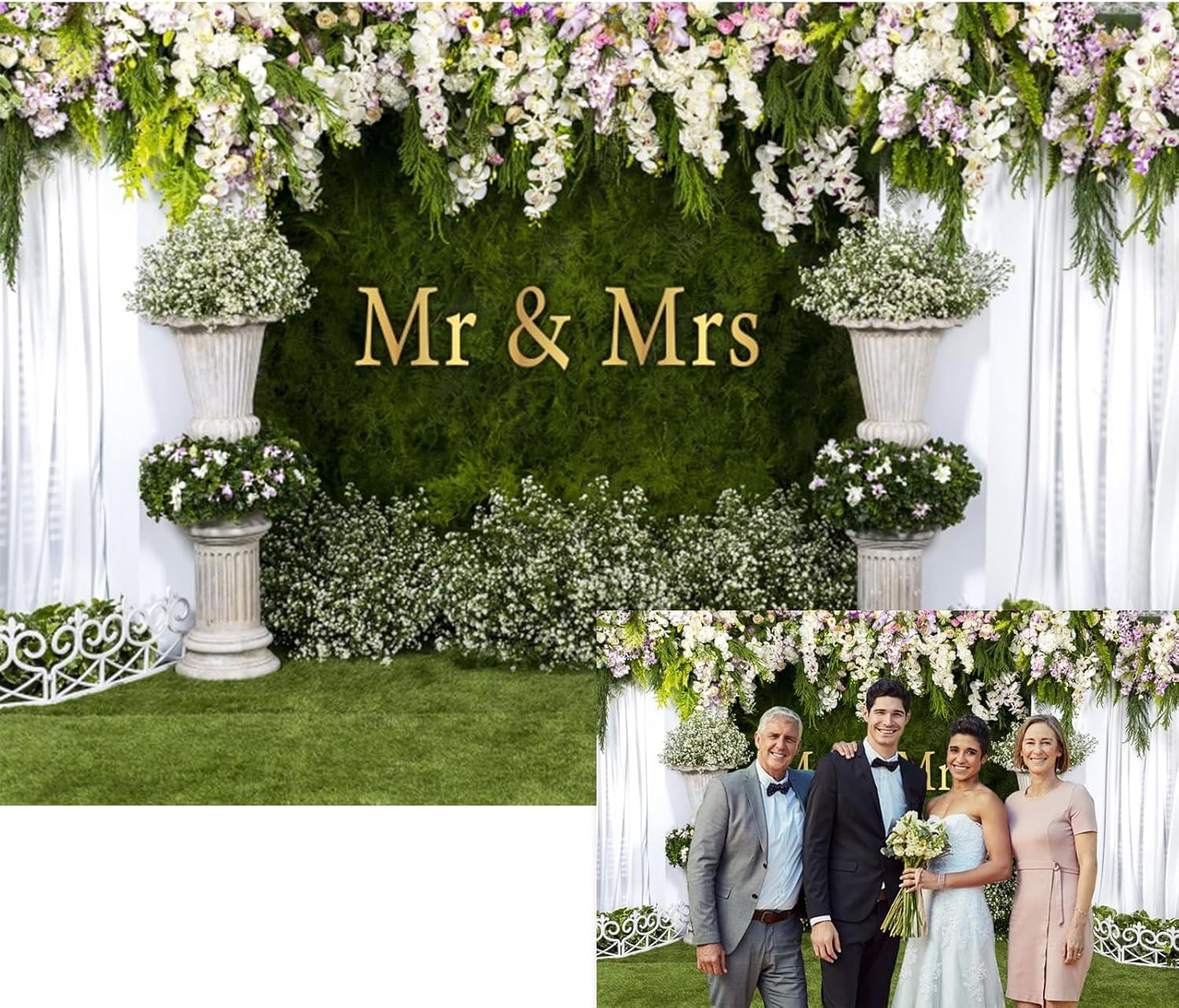 Mr and Mrs Wedding Party Beautiful Backdrop Floral Grass Wall White ...