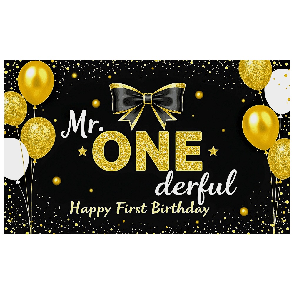 Mr ONEderful Happy First Birthday Banner Black Gold Bow Balloon ...