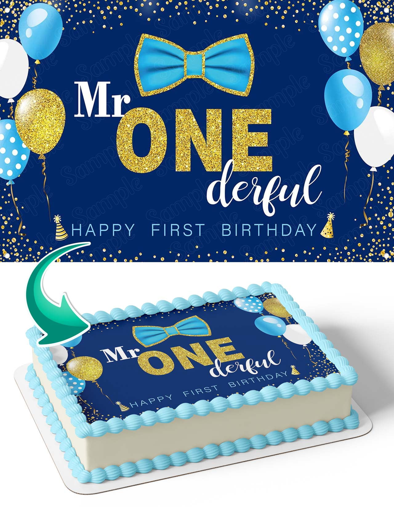 Mr One Derful Baby Boy 1st Blue Gold Edible Image Cake Topper ...