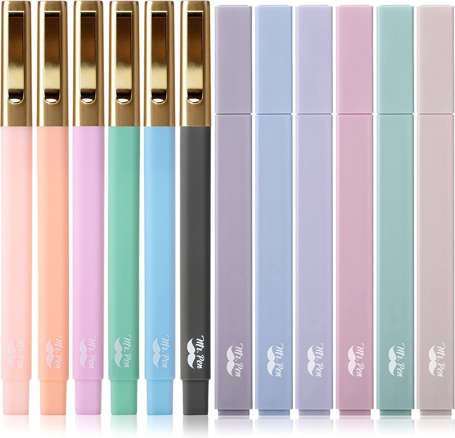 Mr. Pen Pastel Highlighters and Black Pens 12 Pack with Chisel Tips ...
