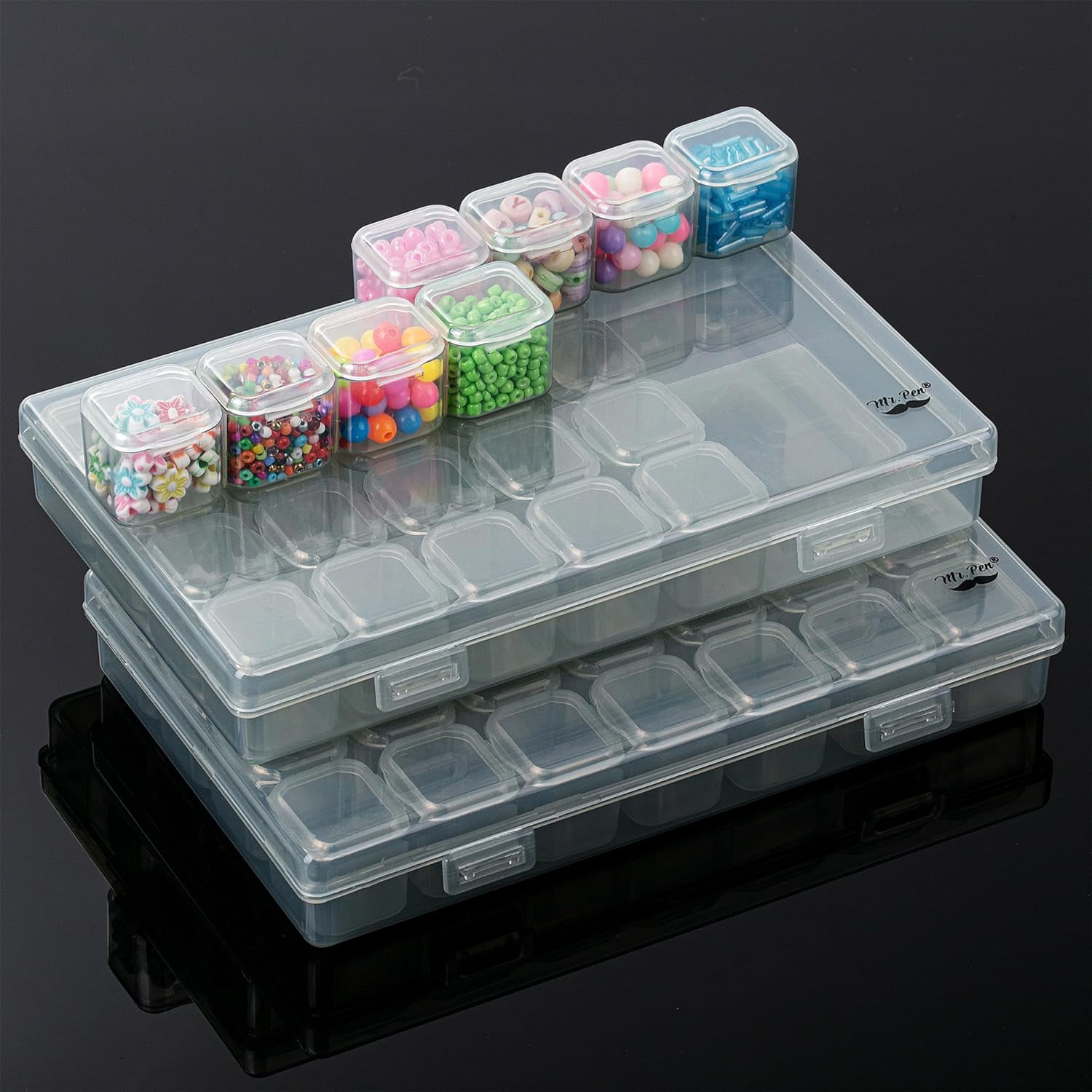 Mr. Pen-Bead Storage Containers, 28 Grids, 2 Pack, Grey, 160pcs Label ...