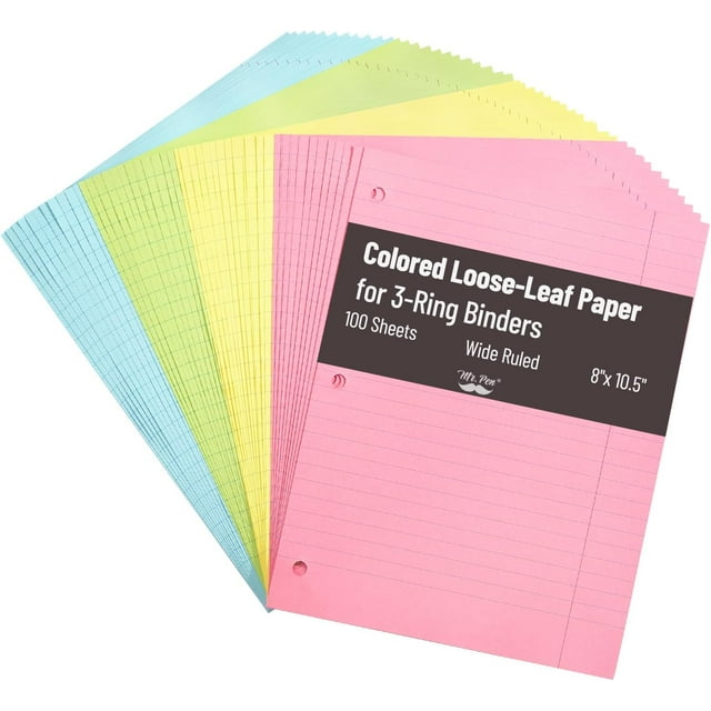 Mr. Pen- Colored Loose Leaf Paper Wide Ruled, 100 Sheets, 8” x 10.5”, 3 ...