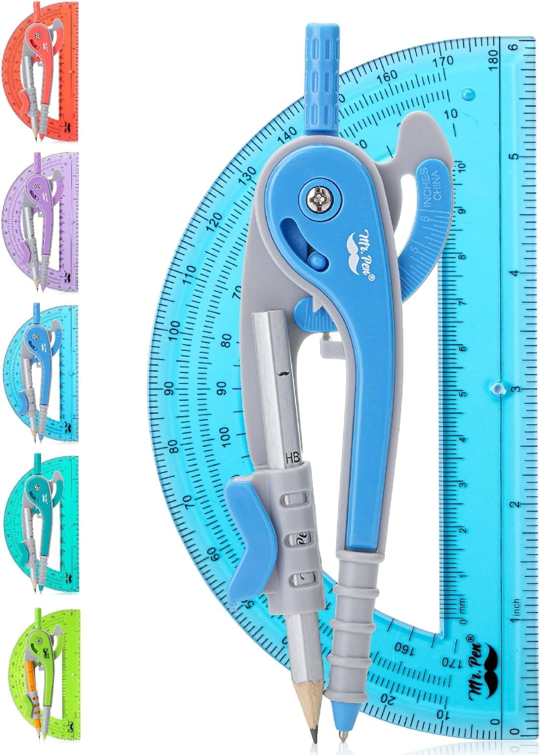 Mr. Pen- Compass and Protractor Set, Blue, Compass Geometry Tool ...