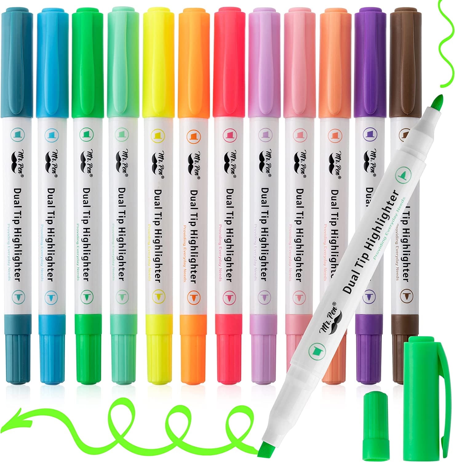 Mr Pen Dual Tip Pastel Highlighters 12 Pack With Fine And Chisel Tips