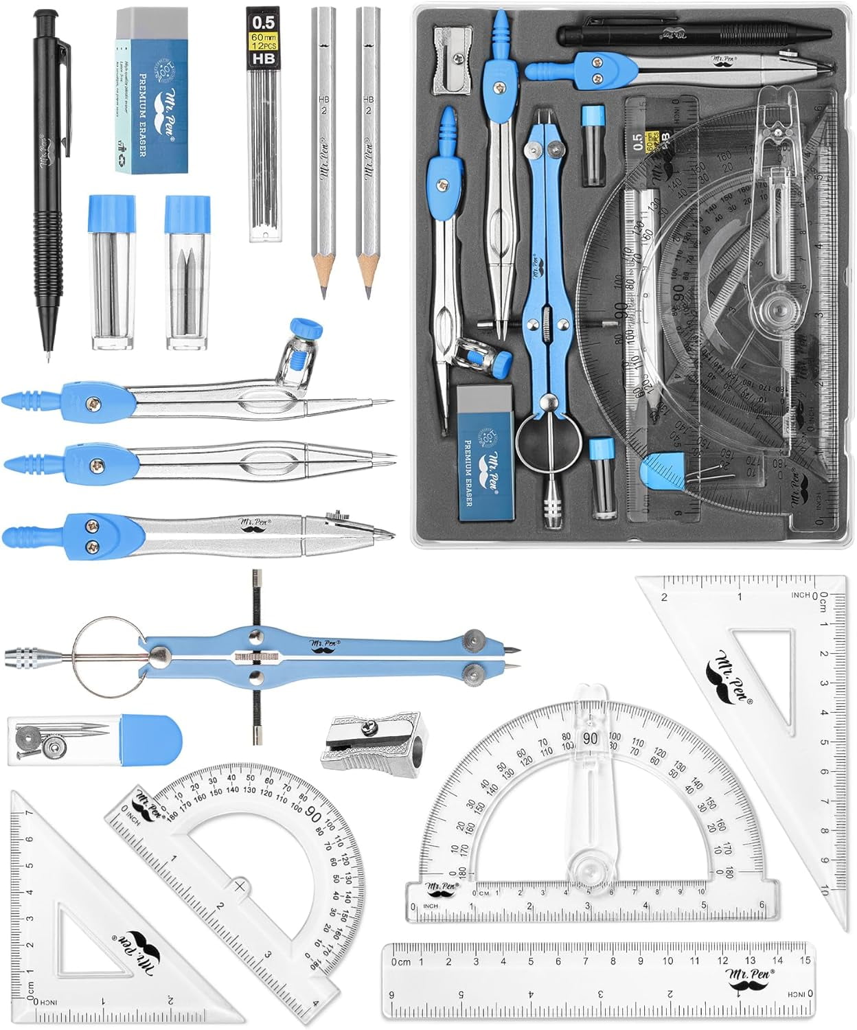 Mr. Pen- Geometry Set, 15 pcs, Blue, 6 Inch Swing Arm Protractor ...