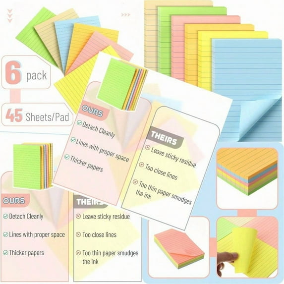 Mr. Pen- Lined Sticky Notes 4x6 6 Pads 45 Sheets/Pad Pastel Color ...