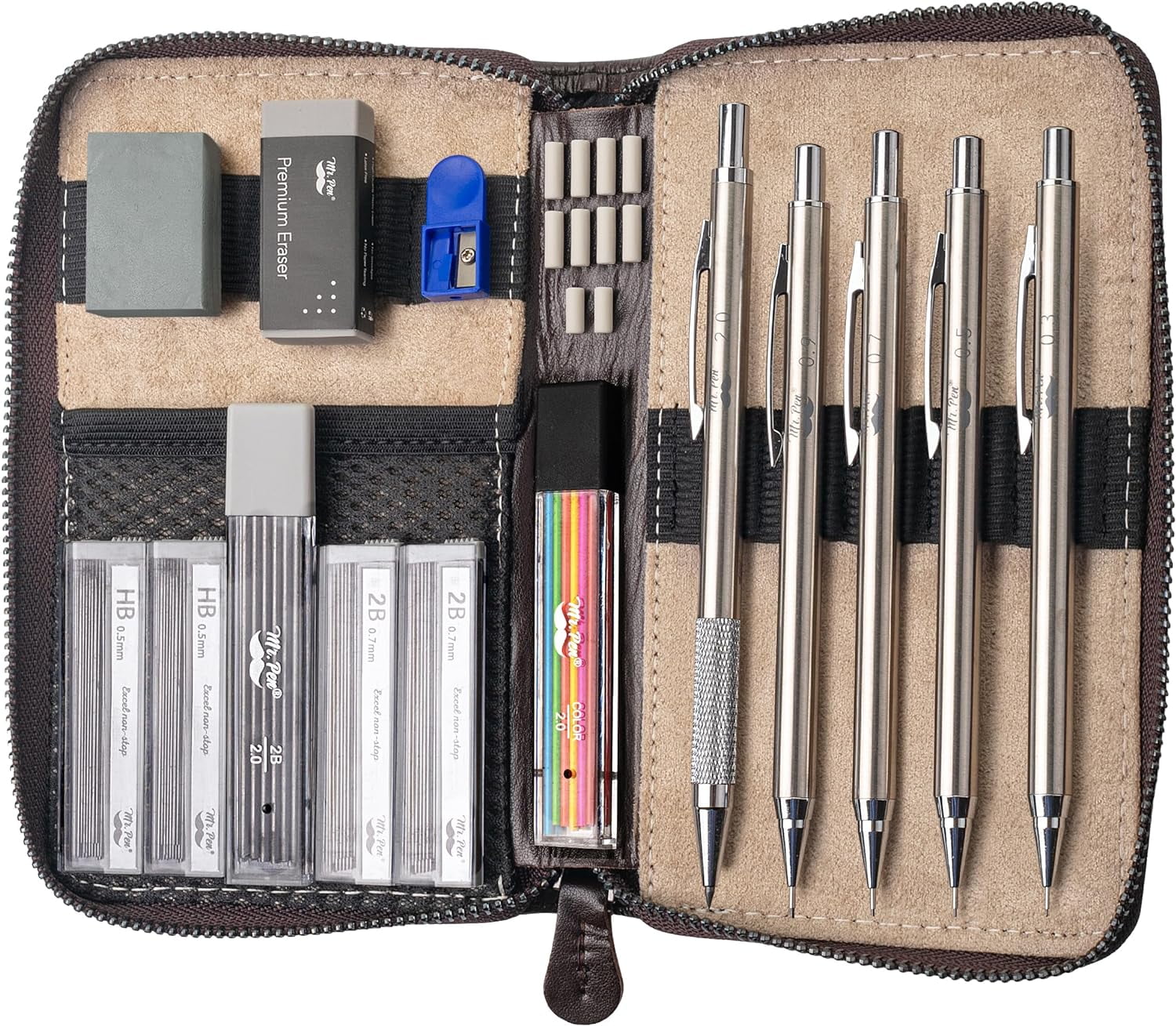 Mr. Pen- Metal Mechanical Pencil Set in Leather Case, 5 Sizes, 0.3, 0.5 ...