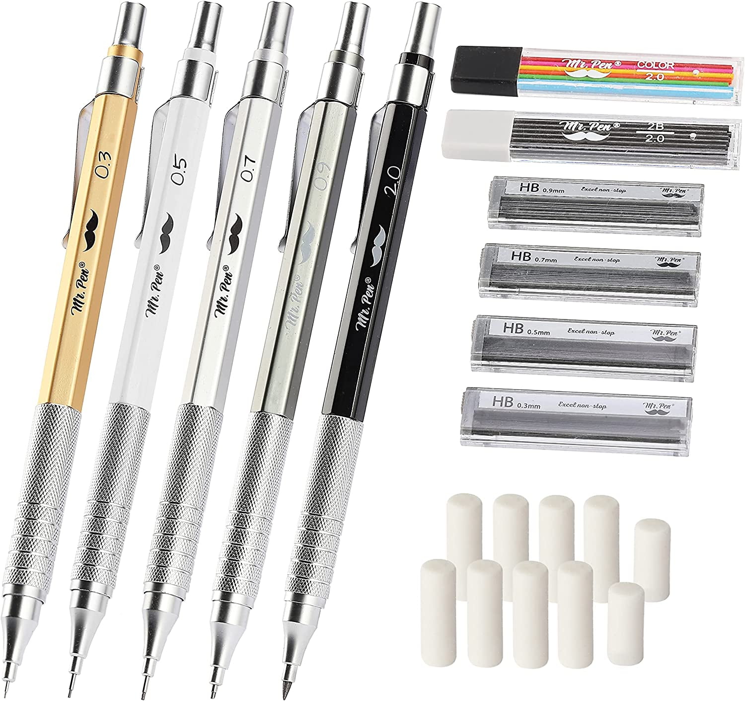 Mr. Pen Metal Mechanical Pencil Set, 5 Sizes 0.3-2.0mm, Leads and ...