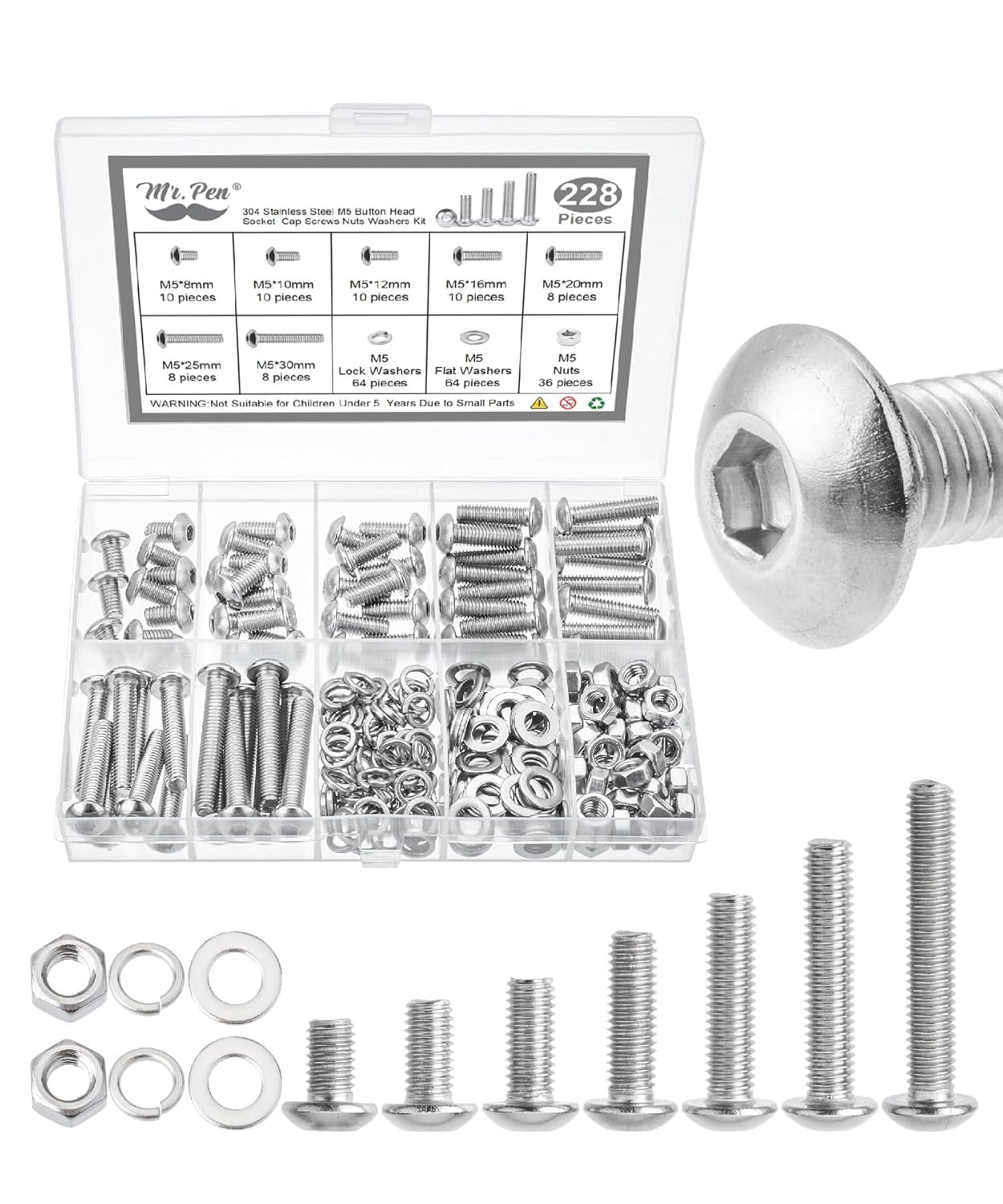 Mr. Pen- Nuts and Bolts Assortment Kit, 228 pcs, Stainless Steel, M5 ...