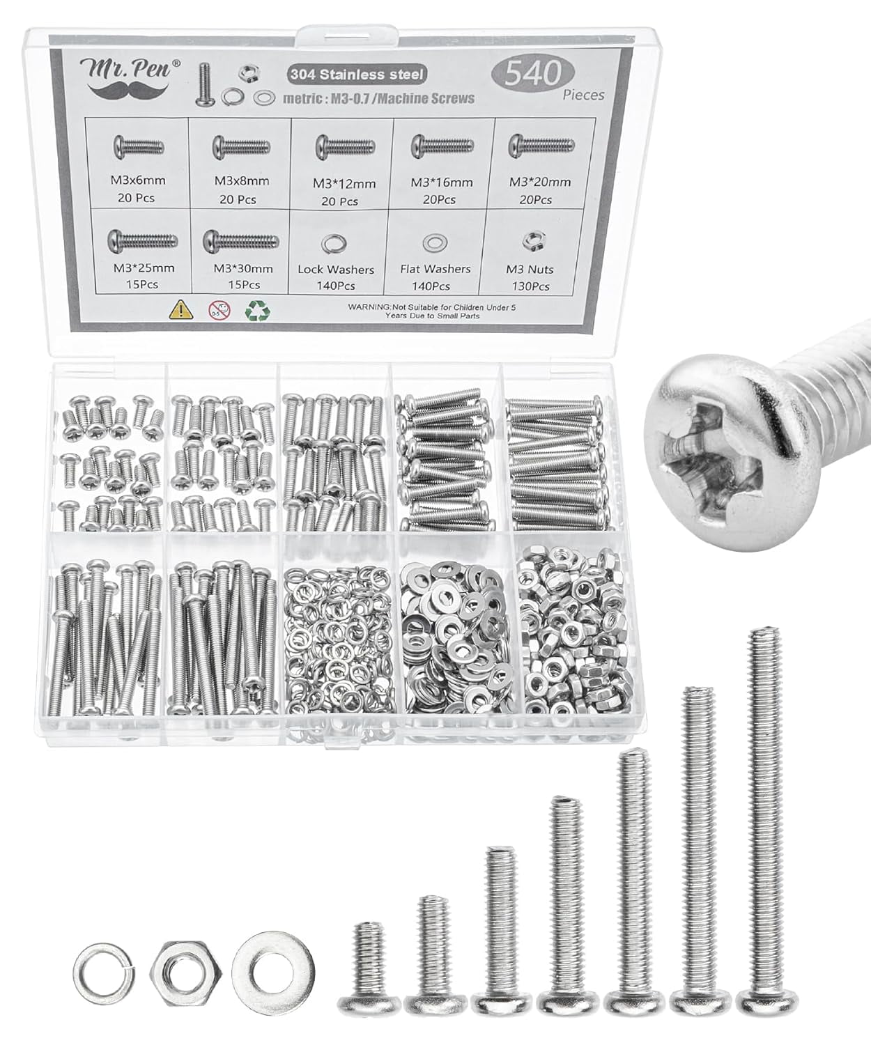 Mr. Pen- Nuts and Bolts Assortment Kit, 540 pcs, Stainless Steel, M3(7 ...